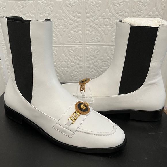 Versace | Shoes | Versace White And Black Leather Ankle Bootssize 4 ...